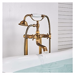 Antique Brass Floor Mounted Bathtub Shower Faucet， Dual Handle Standing Bathroom Faucet ，Brass Swivel Spout 150cm Shower Hose,Kitchen Sink Faucet