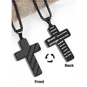 REGIS American Flag Cross Necklace， Stainless Steel Chain with 24-Inch Bible Verse Lord's Prayer Pendant - Men's Patriotic Religious Christian Gift (Always remember, black)