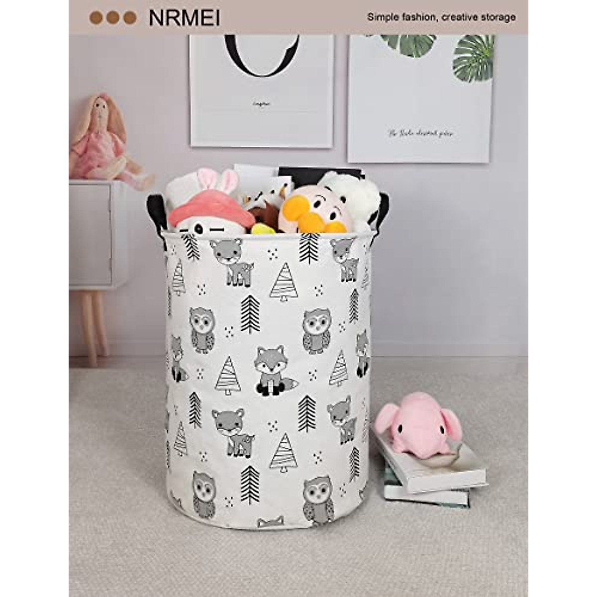 NRMEI Round Storage Basket Laundry Foldable Waterproof Coating Nursery Hamper for Living Room Bedroom and Clothes Toys(Round Pine Animal), 19.7 In H x 15.7 D inches, inches