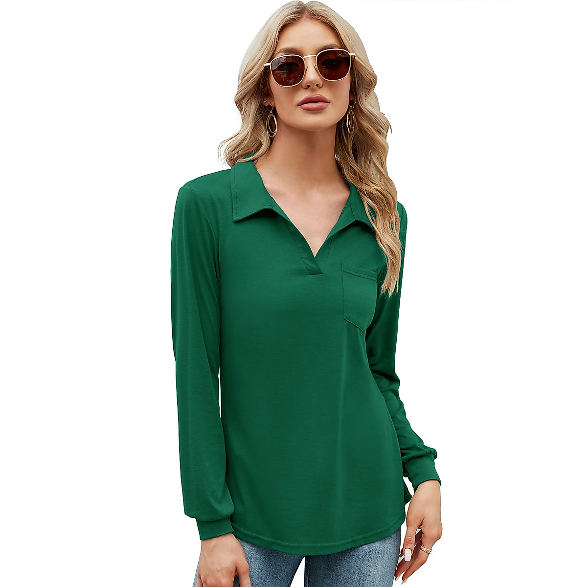 Women's Long Sleeve Polo Shirts V Neck Collared Work Tops Business Casual Tunic Blouse Pocket Green M