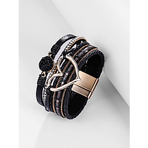 Dcfywl731 Multilayer Wrap Leather Bracelet Heart Modern Boho Bracelet Clasp Cuff Rhinestone Leather Bracelets for Women (Black)