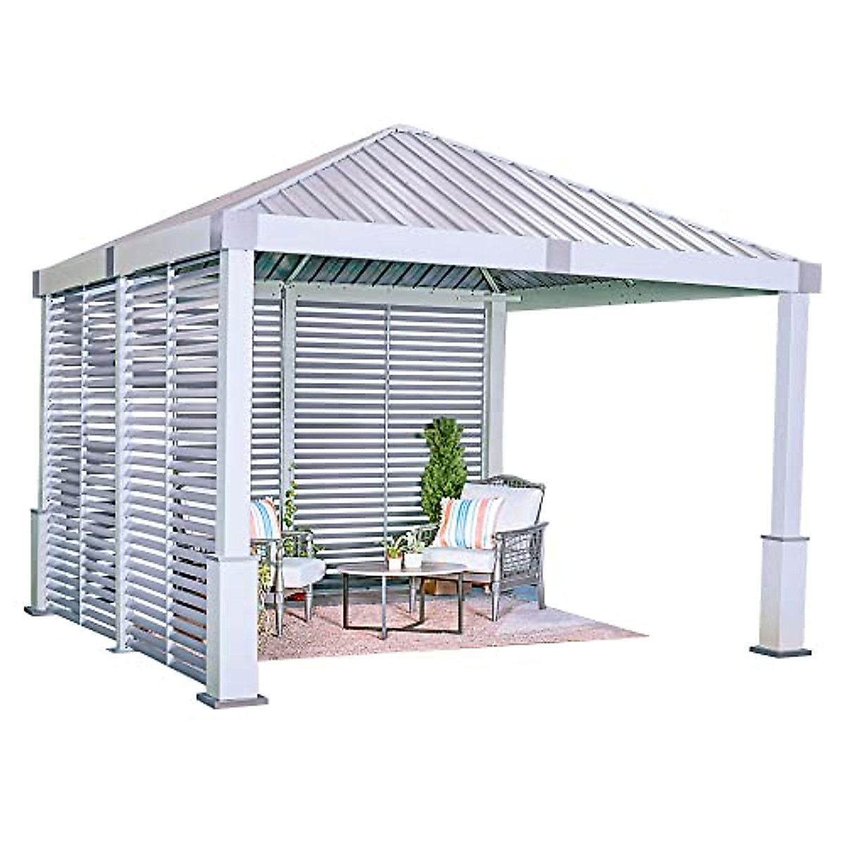 Sojag 12' x 12' Nanda Hardtop Gazebo Outdoor Weather-Resistant Aluminum Frame Shelter with Mosquito Net Champagne