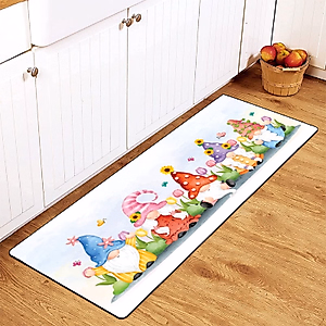 Cute Gnome with Flower Kitchen Rug Non-Slip Kitchen Mats Spring Bath Runner Doormats Area Mat Rugs Carpet for Home Decor 39" X 20"