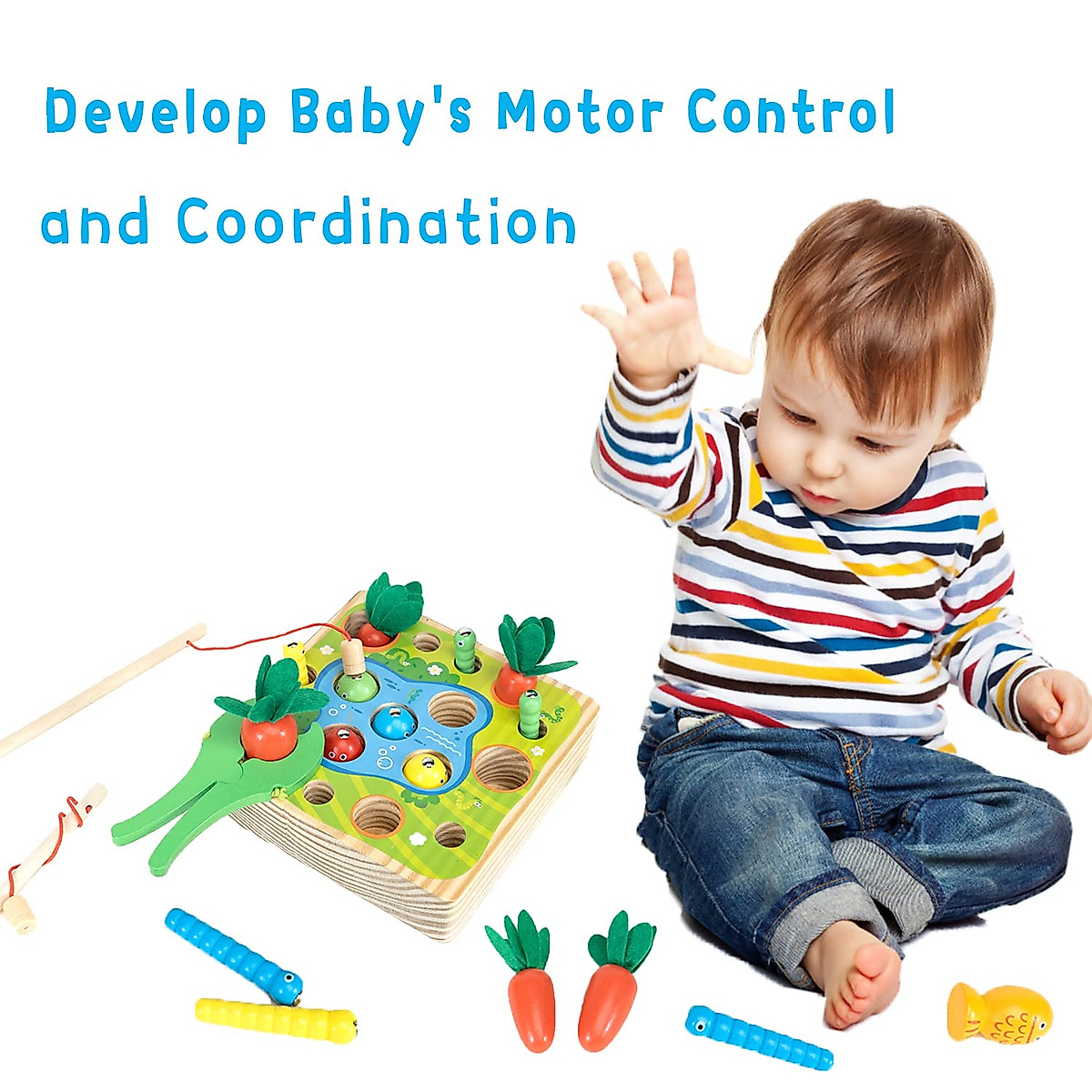 WEMMICKS Montessori Toy for 2 3 4 Year Old, Toddler Toy with Carrot Harvest and Magnetic Fishing Game, ​Fine Motor Skill Wooden Toy for 2-4 Year Old Boys and Girls Baby Preschool Learning Gift