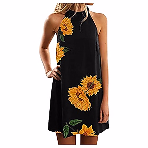 WYTong Women's Cocktail Dresses Fashion Sexy Sunflower Flower Print Dresses Sleeveless Round Neck Casual Dress(Yellow-A,Small)