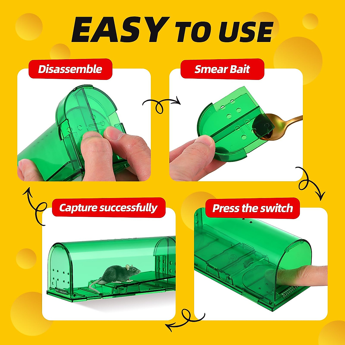 WHEELIO Mouse Traps, 4 Pack Humane Mouse Traps for Indoors and Outdoors, Reusable Live Catch and Release Mouse Traps with Cleaning Brush and Gloves, Quick, Effective and Easy to Clean, Green
