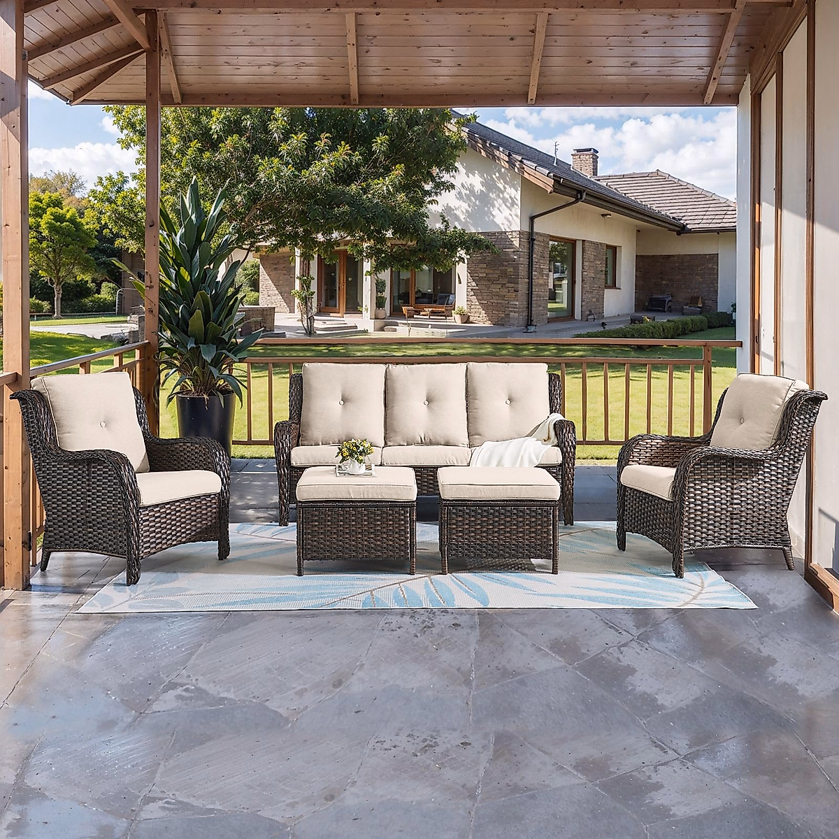 HUMMUH Outdoor Furniture 5 Pieces Patio Furniture Set Wicker Outdoor Sectional Sofa with 2 Patio Chairs,Ottomans