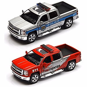 KiNSMART 2014 Chevrolet Silverado 1:46 Scale 5 Inch Police & Firefighter Pick-up Truck (2 Set)