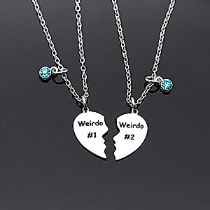 Maxforever Friendship Gift, Weirdo 1 Weirdo 2 Split Heart Stainless Steel Pendant Necklaces BFF Gift for Best Friend (Blue Crystal)