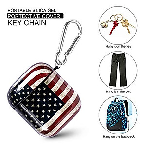 ROLEES Airpods Case,3 in 1 Cute Marble Airpods Accessories Protective Hard Case Cover Portable & Shockproof Women Girls Men with Keychain/Strap/Earhooks for Airpods 2/1 Charging Case (American Flag)