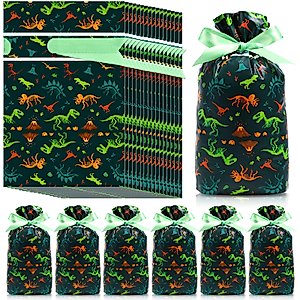 Blosssound 50 Pcs Dinosaur Birthday Gift Bags Bulk Dinosaur Drawstring Bags Dino Candy Treat Goodie Favor Bags for Boys Girls Dinosaur Theme Birthday Baby Shower Party Supplies