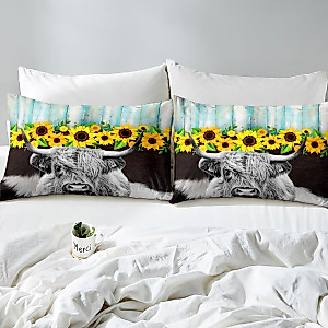 Erosebridal Highland Cow Flower Bedding Set 3 Pcs Rustic Farmstyle Comforter Cover Full, Yellow Sunflowers Duvet Cover Black Gray Cow Print Bedding Western Farm Wild Animal Highland Cattle Bedding