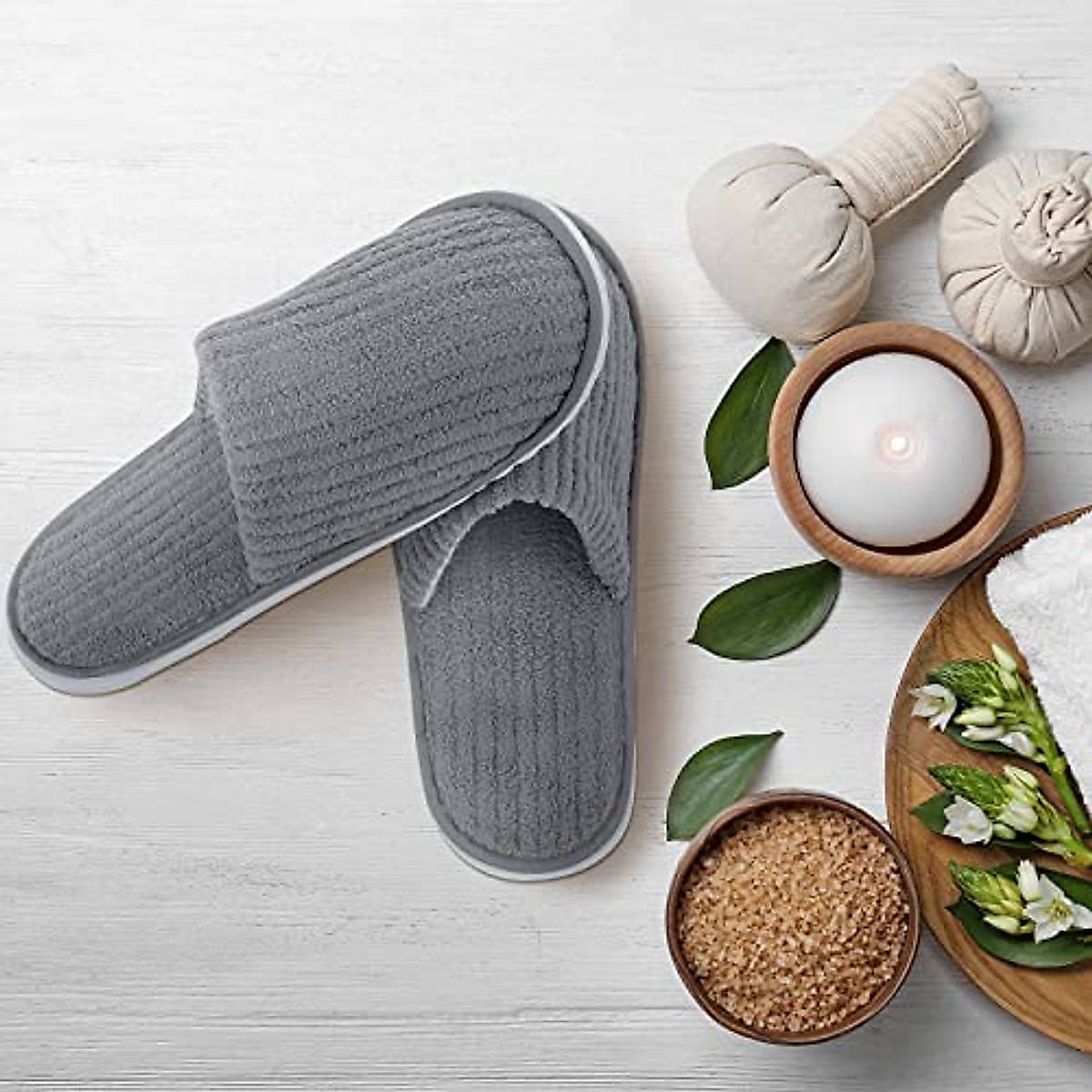 ELCOHO 12 Pairs Closed Toe Spa Slippers Coral Fleece Washable Disposable Home Slippers for Women Men Guests Hotels House Slippers Housewarming Indoors Bathroom Party Traveling, Grey