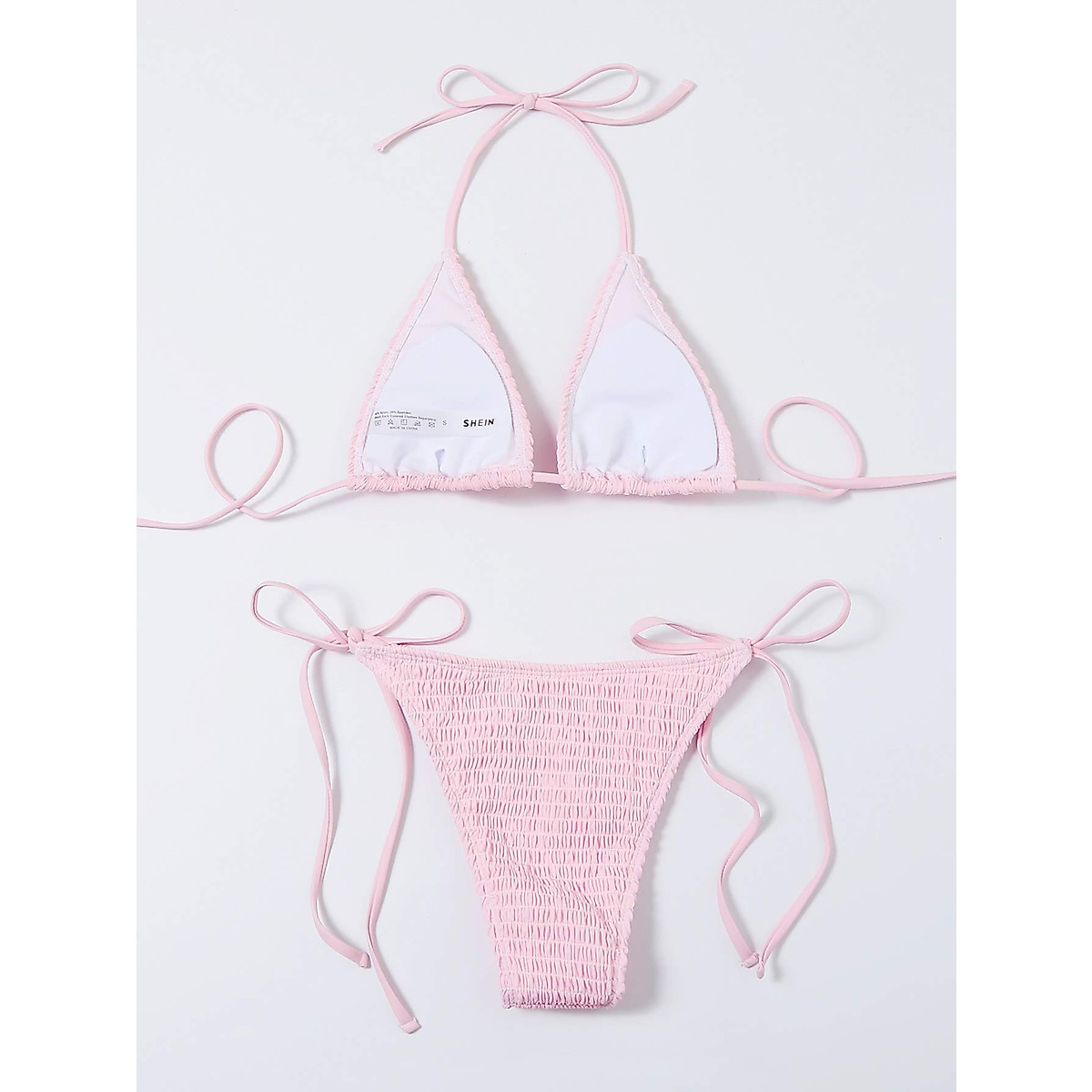 SweatyRocks Women's 2 Piece Triangle Bathing Suit Halter Top Tie Side Thong Bikini Swimsuits Pale Pink L