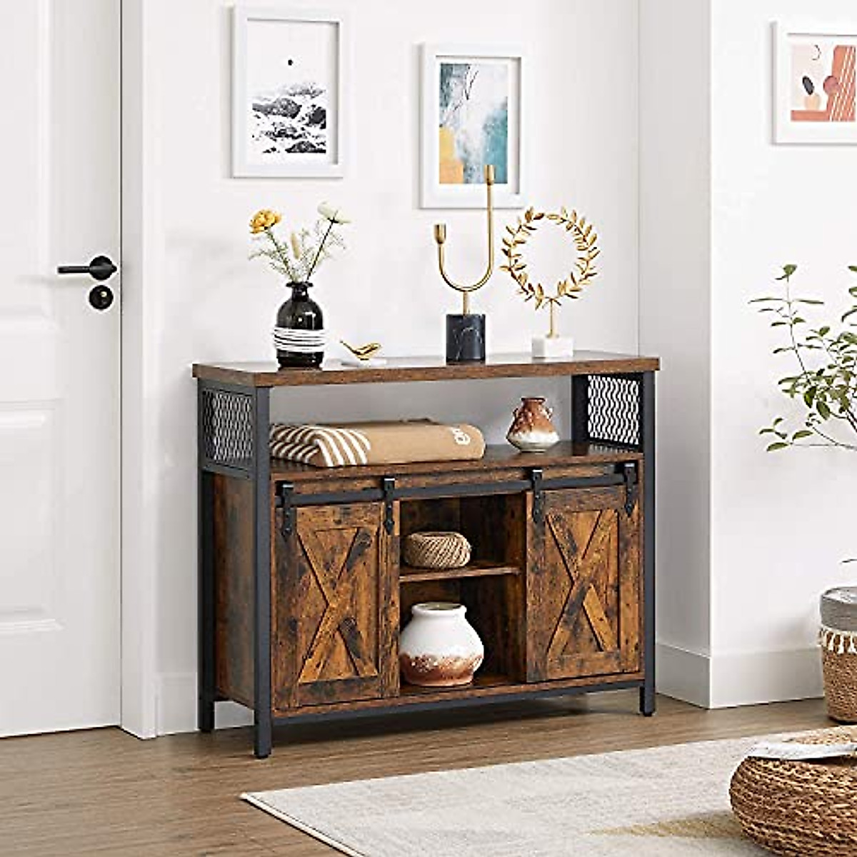 VASAGLE Buffet Sideboard Storage Cabinet with Adjustable Shelf and Sliding Barn Door, Open Compartment, 13 x 39.4 x 31.5 Inches, Rustic Brown and Black