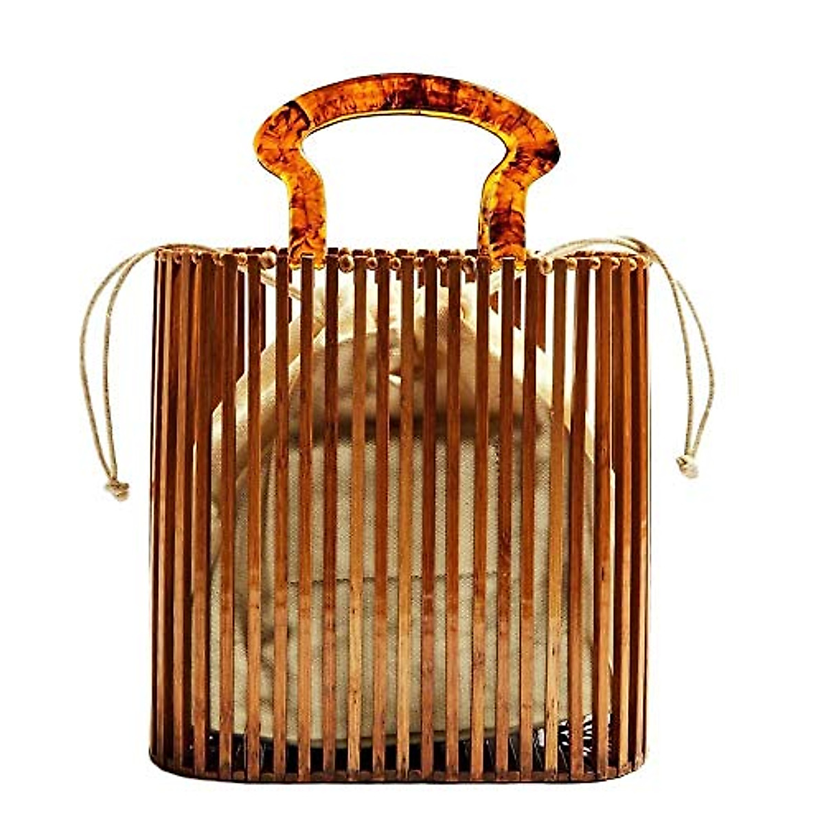 Womens Fashion Bamboo Bag with Acrylic Handle Bucket Bag Summer Beach Clutch Purse Handbags