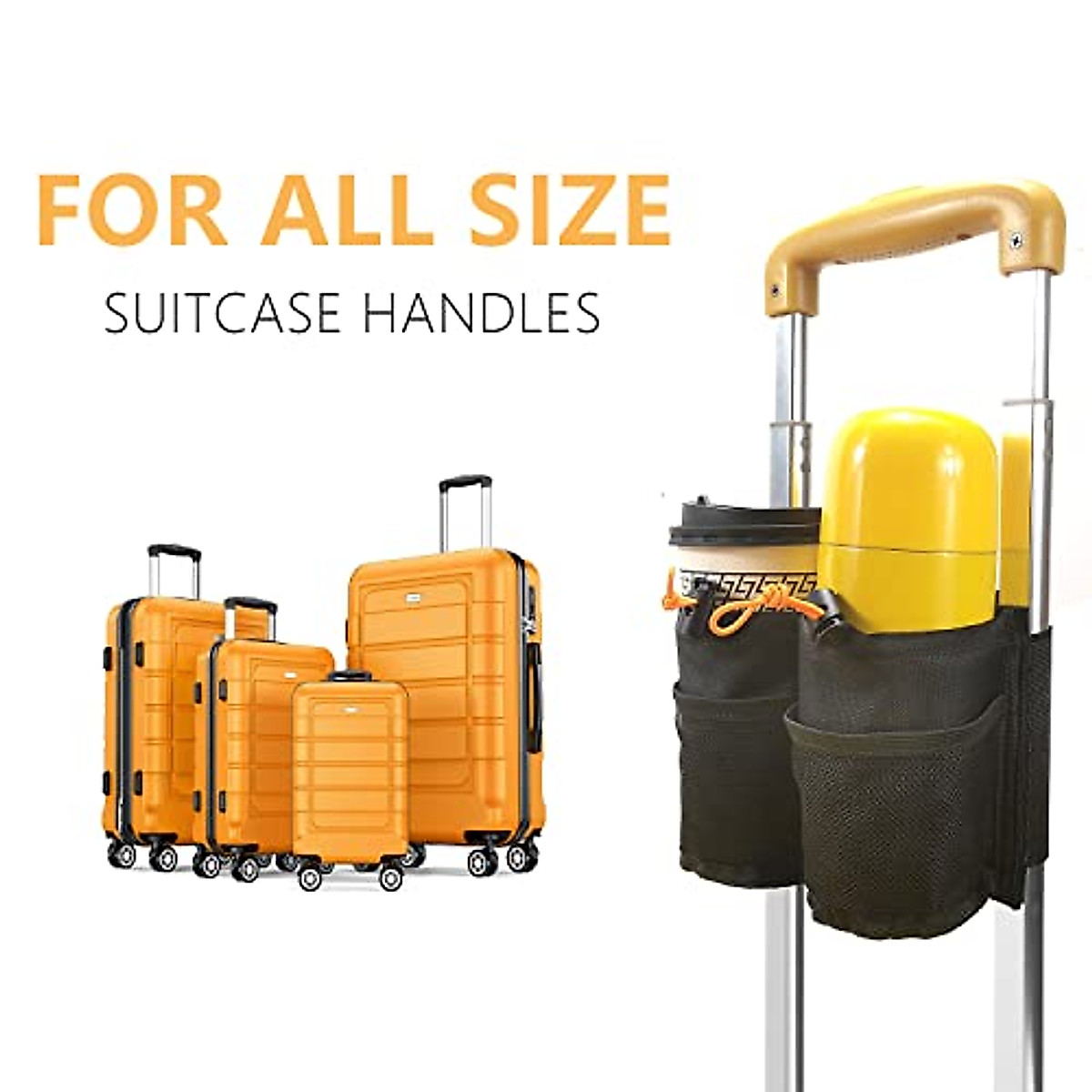 Luggage Travel Cup Holder Free Hand Drink Caddy Double Mesh Bag Design (Black)