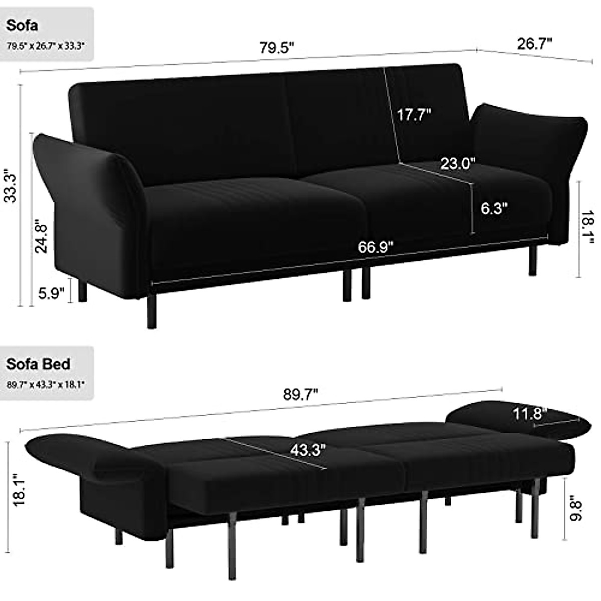 Belffin Velvet Futon Sofa Bed Convertible Futon Couch Split Back Upholstered Modern Sleeper Sofa Elegant Black