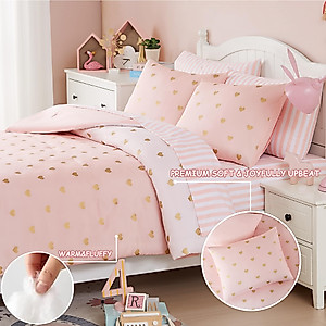 Wink Deer Kids Pink Bedding Sets, 5 Piece Twin Comforter Set with Sheets, Gold Heart Shaped Pink Cute Bedding for Girls, Twin Bed in a Bag(Twin, 66" X 86")