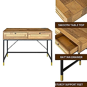 LEEJAY Rattan Computer Desk with Two Drawers, 40 inch Small Computer Writing Desk with Outlets, Entryway Console Table for Small Space,39.37Lx19.68Wx31.29H, Mix Oak