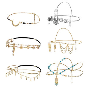 LOYALLOOK 6PCS Gold Head Chain Jewelry Boho Headband Head Chain Coins Crystal Moon Tassel Chain Hair Band Bridal Wedding Halloween Hair Headpiece for Women A