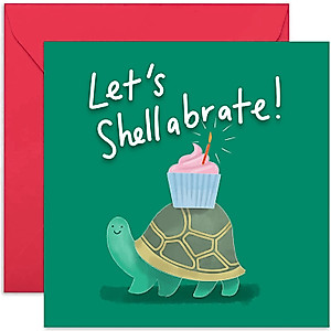 Old English Co. Let's Shellabrate Tortoise Birthday Card - Funny Animal Pun Celebration Greeting Card Him or Her | Passed Exam, Test, New Job, New House | Blank Inside & Envelope Included