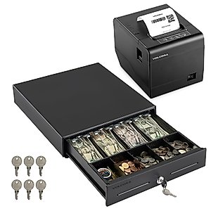 Volcora 13" Electronic Cash Register Drawer & 80mm Thermal Receipt Printer w/Auto Cutter for Point of Sale (POS) System, Small Businesses (Black)
