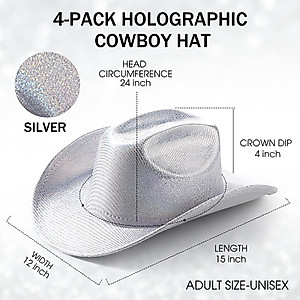 Silicherry 4 Pcs Halloween Cowgirl Hat Sequin Bling Cowboy Hats DIY Shiny Disco Western Hats for Women Men Cosplay Party(Silver)