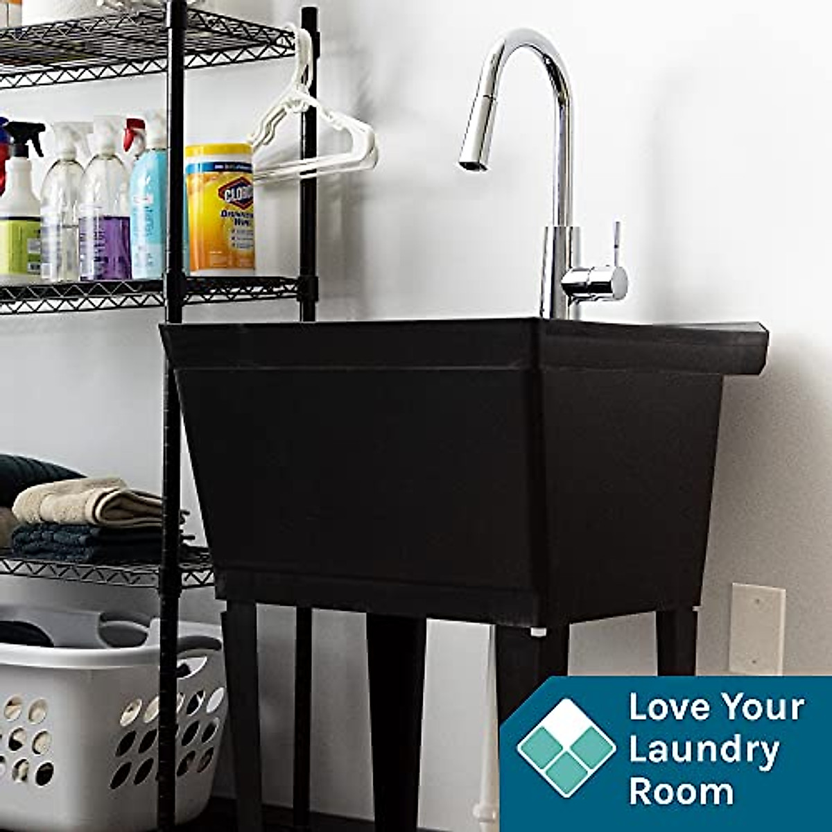 Laundry Sink Utility Tub With High Arc Metal Pull Down Faucet By JS Jackson Supplies Parent (Chrome Faucet, Black Tub)