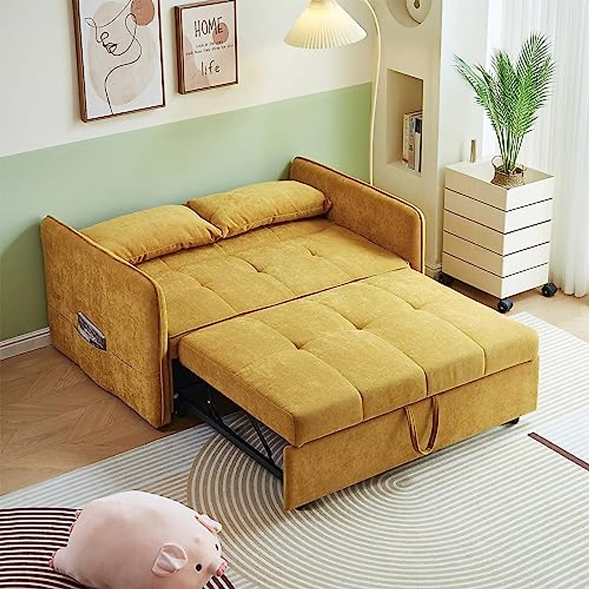 Antetek 3 in 1 Convertible Sleeper Sofa Bed, Modern Chenille Loveseat Futon Sofa Couch w/Pullout Bed, Reclining Backrest, Adjustable Arm, Pillows, Small Love Seat Lounge Sofa for Living Room, Yellow