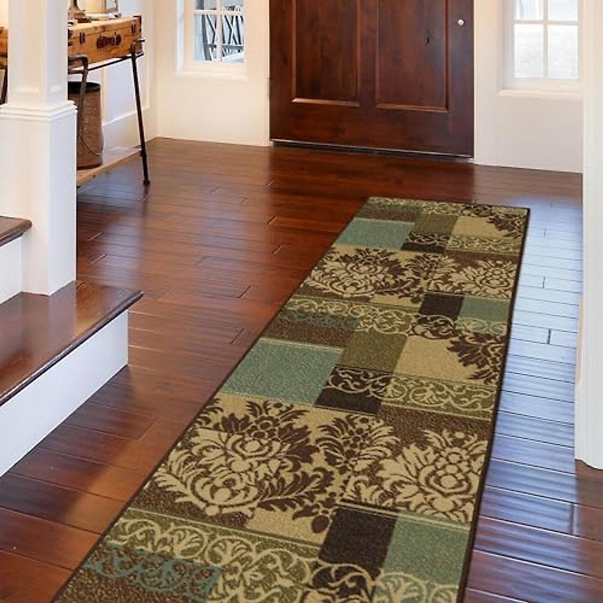 Machine Washable Damask Design Non-Slip Rubberback 3x10 Traditional Runner Rug for Hallway, Kitchen, Bedroom, Living Room, 2'7" x 9'10", Brown/Green