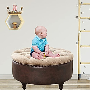 Nathaniel Home Upholstered 30" Round Storage Vegan Leather Ottoman, Leather Button Tufted Ottoman with Fabric Removable Lid, Bench with Wood Legs, Light Brown/Dark Brown