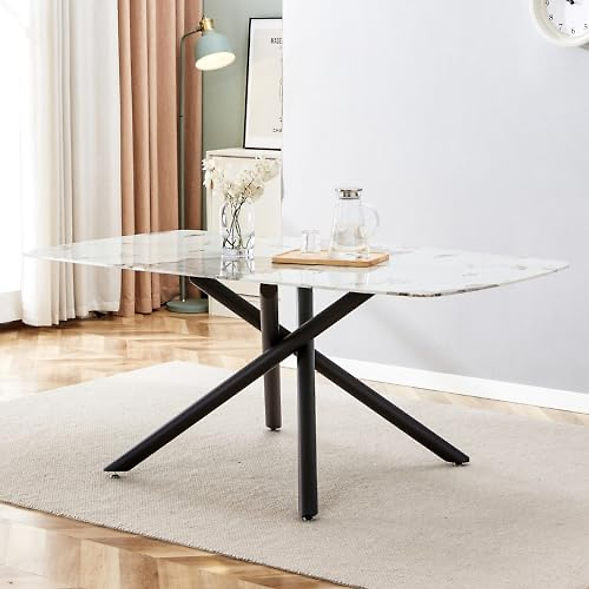 71" Modern Kitchen Rectangular Glass Dining Table, Imitation Marble Black Table top and Gold Metal Legs, Fiber Tempered Glass, Living Room Glass Table, Conference Room Glass Table (White + Black)