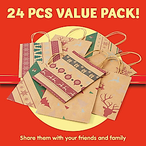 JOYIN 24 Christmas Holiday Kraft Gift Bags for School Classrooms Exchange Party Favors Goody Bags, Xmas Holiday Gift Goodie Bags 7 ¼" x 9" x 3 ½"