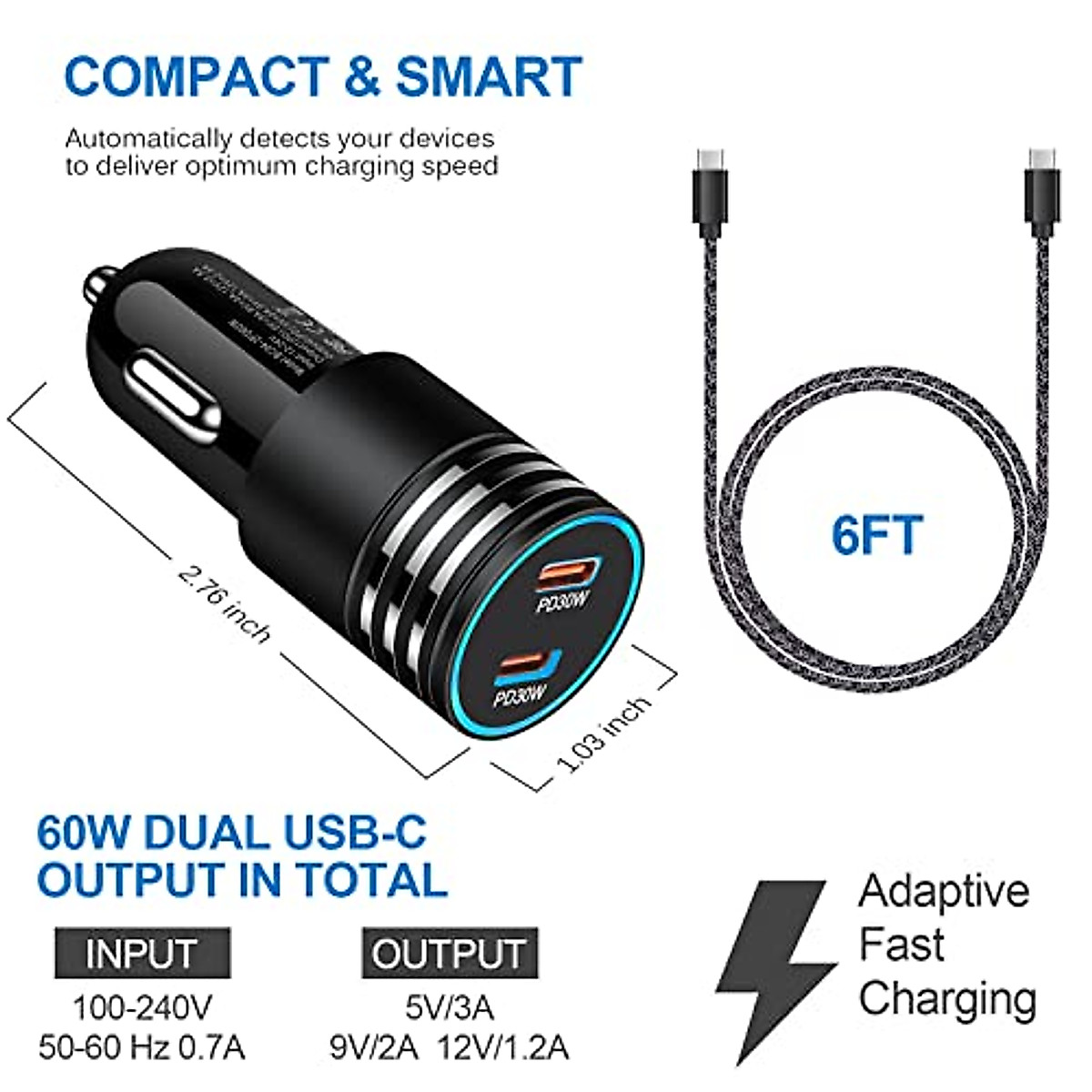 USB C Car Charger, 60W 2-Port PD Super Fast Car Charging Adapter+6FT Type C to C Cable for Samsung Galaxy S23/S23+/S23 Ultra/S22/S22 Ultra/S22+/S21 FE/S20 A54 A14 A53 5G A13 A23 A03S A12 A32 A42 A52