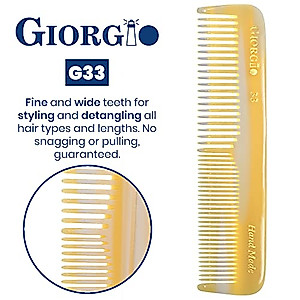 Giorgio G33 Double Tooth Small Hair Pocket Comb, Fine/Wide Tooth Comb For Hair, Beard and Mustache, Coarse/Fine Hair Styling Grooming Comb for Men, Women and Kids. Saw Cut Handmade and Polished