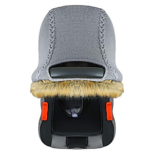 Yinuoday Baby Car Seat Cover with Faux Fur Hem Winter Knitted Stretchy Infant Stroller Cover Carseat Canopy for Boy Girl Indoor Outdoor