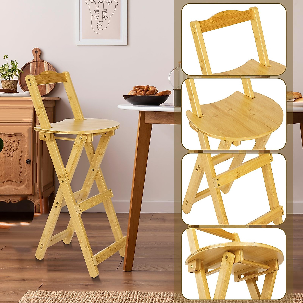 Leinuosen 2 Pieces Folding Bamboo Bar Stools with Backrest and Footrest 33 Inches Foldable Barstool Collapsible Portable Counter Height Folding Chairs with Pedals for Home, Outdoor, Kitchen