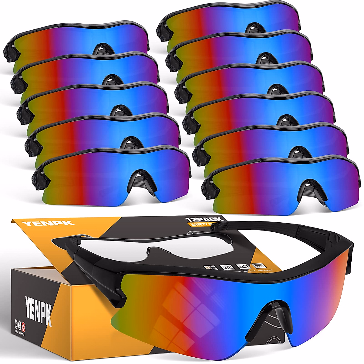 YENPK 12 Pack Tinted Safety Glasses Protective Eyewear, Safety Goggles Sunglasses for Men and Women, ANSI Z87.1+ Certified, Eyes Protection UV400 Anti Splash & Scratch, Impact Resistant(Multicolor)