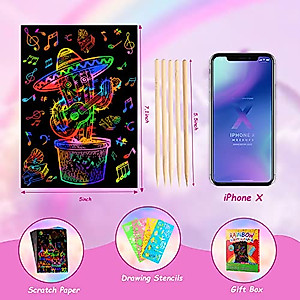 Scratch Art for Kids - 50 Pcs Black Scratch Off Art Paper, Rainbow Scratch Art with 5 Stylus and 4 Stencils, 4.9" X 7.1", Arts and Crafts for Kids Party Games Easter Christmas Birthday - Cactus