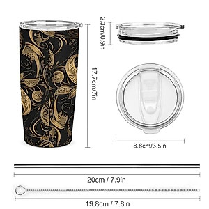FHENMSA Stainless Steel Insulated Travel Coffee Mug,Black And Golden Pattern Print Reusable Car Cup,Thermal Cup for Outdoor with Straw And Lid