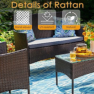 PHI VILLA 4 Pieces Outdoor Furniture Set, Wicker Loveseat & Chairs with Thick Gray Cushions & Glass Coffee Table, Modern Sectional Conversation Sofa Set for Patio, Deck, Yard, Porch