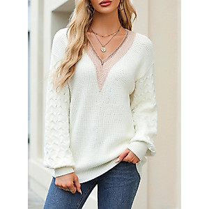 EVALESS Women's Long Sleeve Sweaters Fall 2024 Trendy Sexy Lace V Neck Knit Drop Shoulder Ladies Cute Winter Pullover Tunic Sweater Jumper Tops White Medium