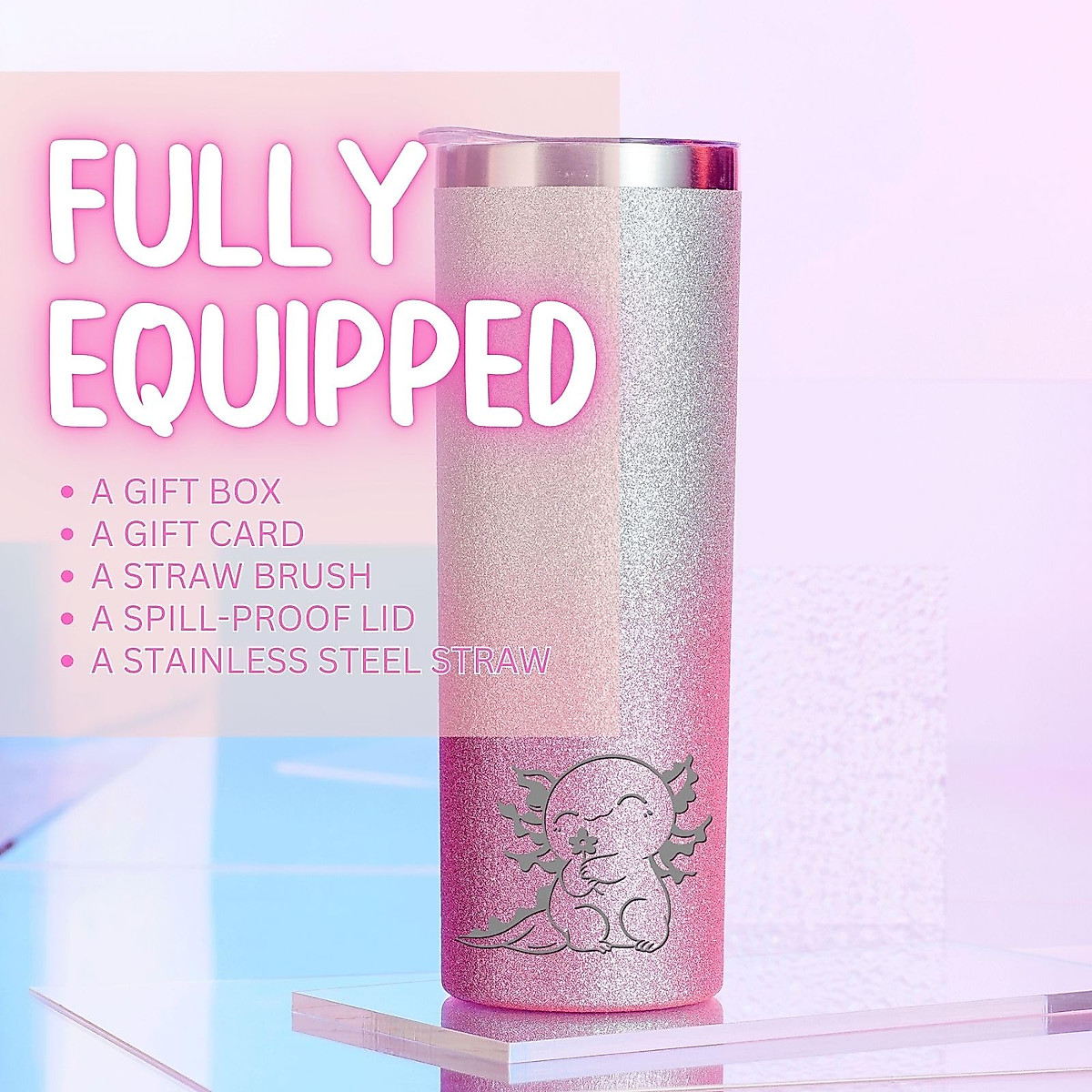 Onebttl Cute Axolotl Gifts for Girls/Women, Axolotl Stuff, Axolotl Water Bottle, Insulated 20 oz Stainless Steel Skinny Tumbler with Straw, Brush, Lid, and Gifts Box, Pink-Silver Gradient Glitter