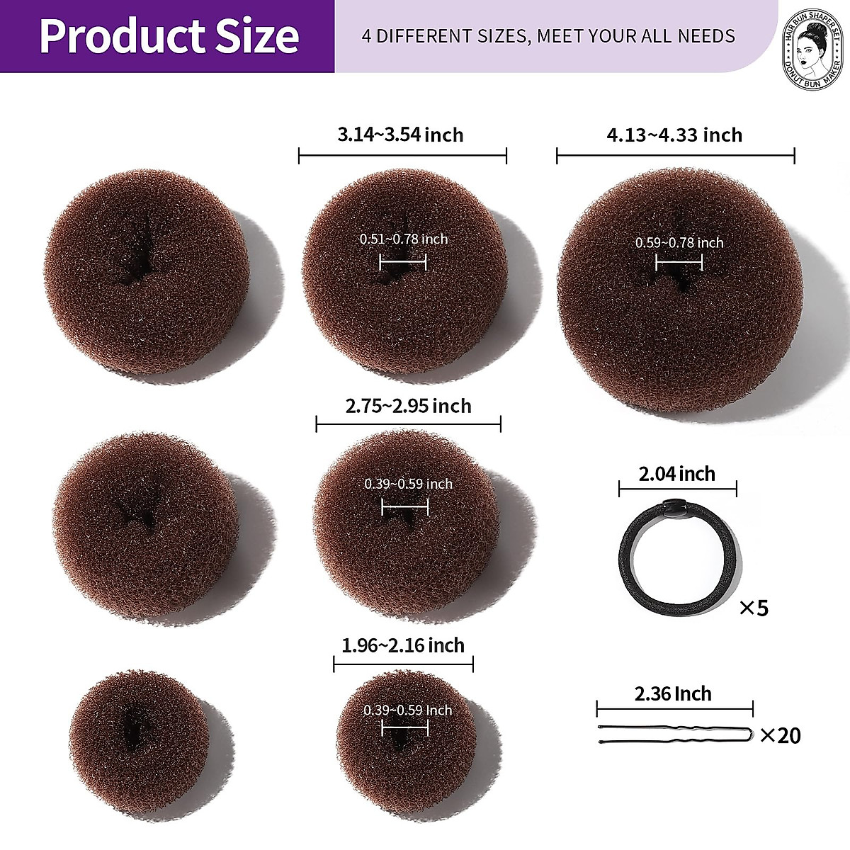 Teenitor Donut Hair Bun Maker Set - 7 Rings (1 Extra-Large, 2 Large, 2 Medium, 2 Small), 5 Elastic Bands, 20 Hair Pins, Dark Brown