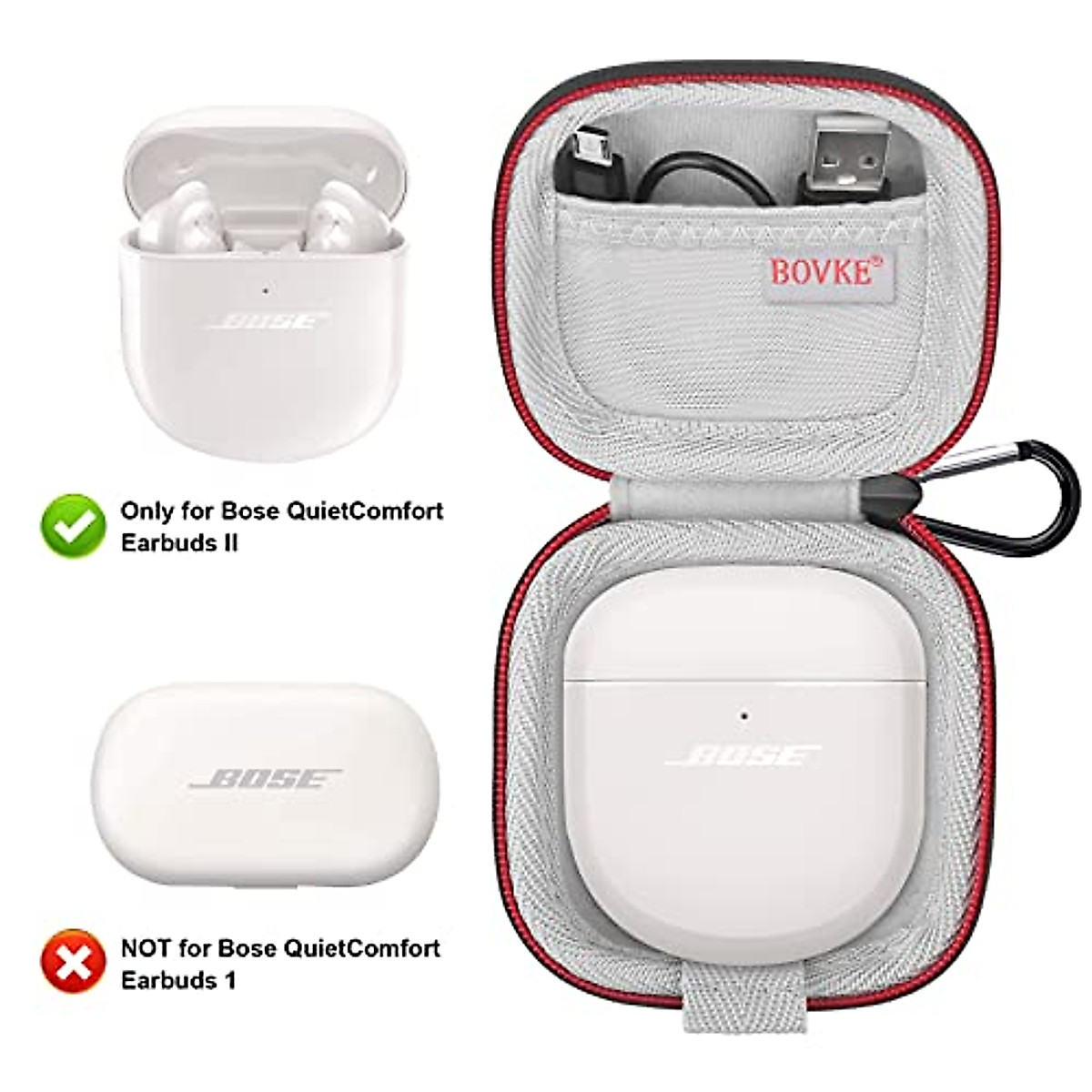 BOVKE Carrying Case for Bose QuietComfort Earbuds II/Bose QC Earbuds 2 Wireless Noise Cancelling in-Ear Headphones, Extra Mesh Pocket for Cables and Eartips, Black (Case Only)