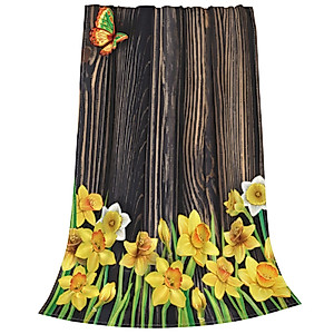 Oplp Spring Flowers Daffodils Throw Blanket for Bed Sofa Couch Wooden Background Fleece Blankets Lightweight Soft Cozy 50"x40"