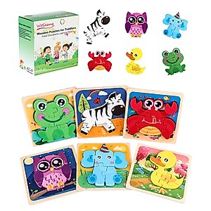 Wooden Puzzles for Toddlers 1-3,Toddler Puzzles Ages 1 2 3 4 Year Old with 6 Animal Patterns-Preschool Kids Learning Educational Montessori Toys Christmas Birthday Gifts