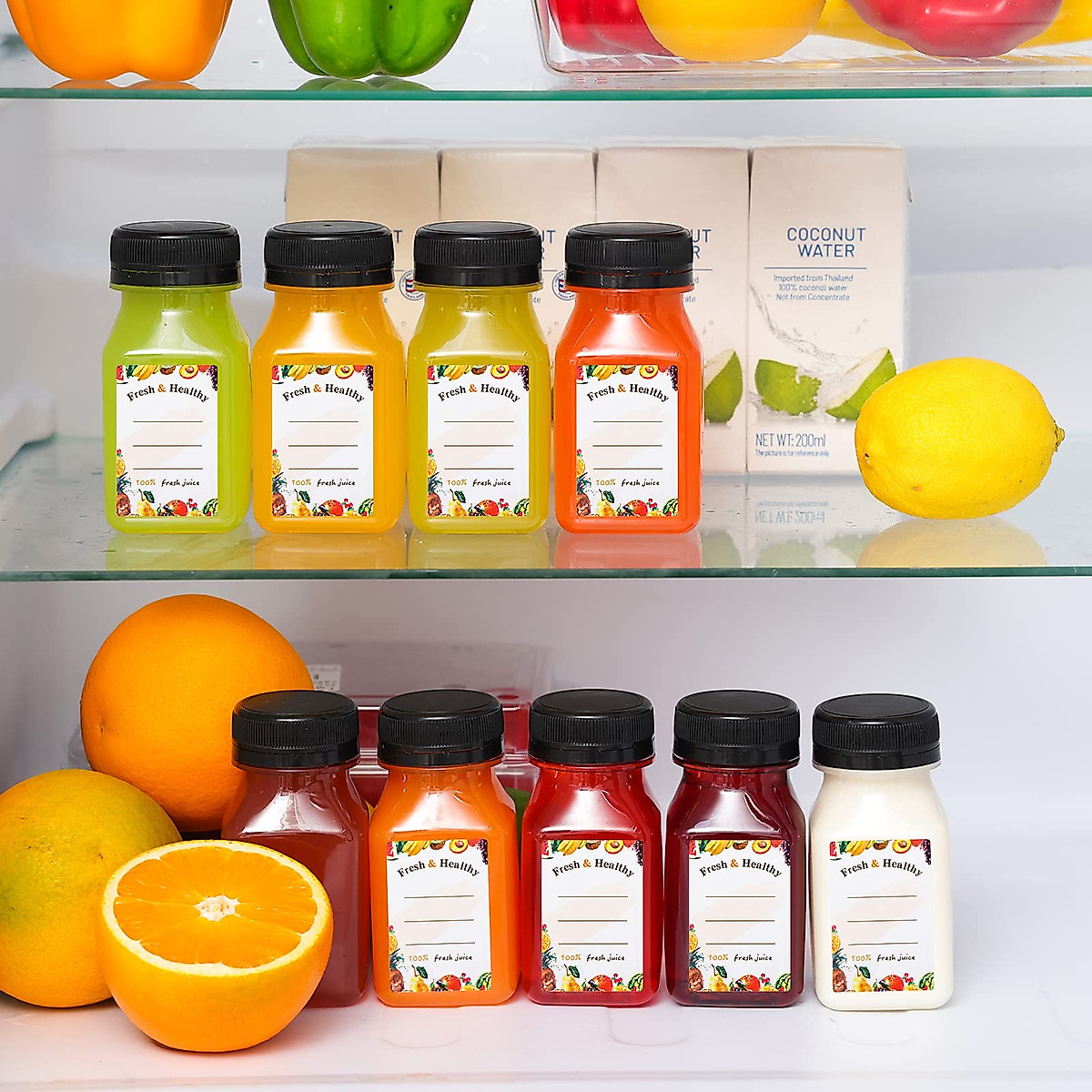 Moretoes 64pcs 4oz Plastic Juice Bottles with Caps, Mini Shot Bottles with Caps, 4 Oz Small Plastic Juice Containers with Lids and Label, Funnel and Brush, Reusable Plastic Bottles for Juicing