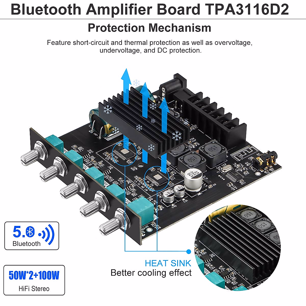 MakerHawk Bluetooth Amplifier Board HiFi Stereo 2.1 TPA3116D2 2X50W+100W 12V-24V Audio Power Amplifier Module Bass and Treble Control for Store Home Theater Speakers (ZK-TB21)